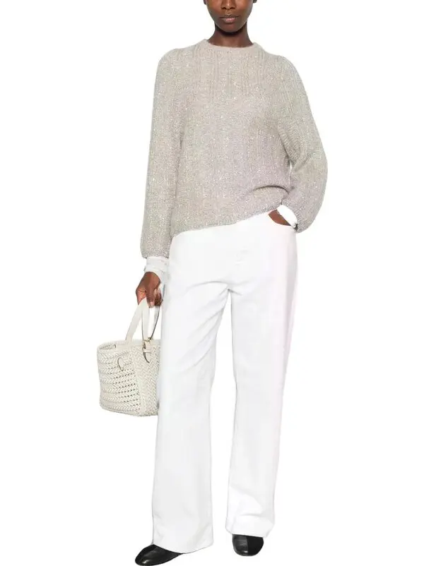 PANICALE Sequin Embellished Ribbed Knit Crew Neck Sweater - Neutrals