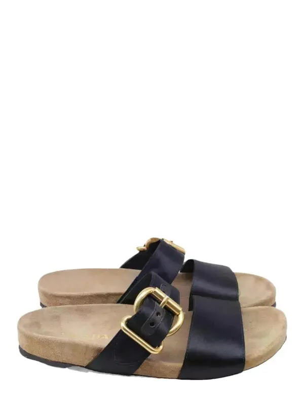 Prada Black Satin Double Strap Slide Sandals With Gold Tone Buckle - Blue
