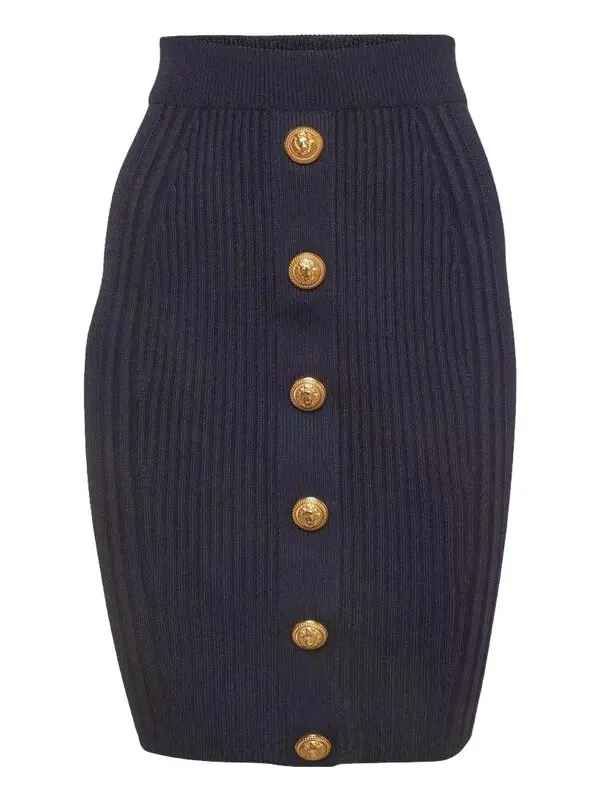 Balmain Ribbed-knit Button Detailed Pencil Mini Skirt - Blue
