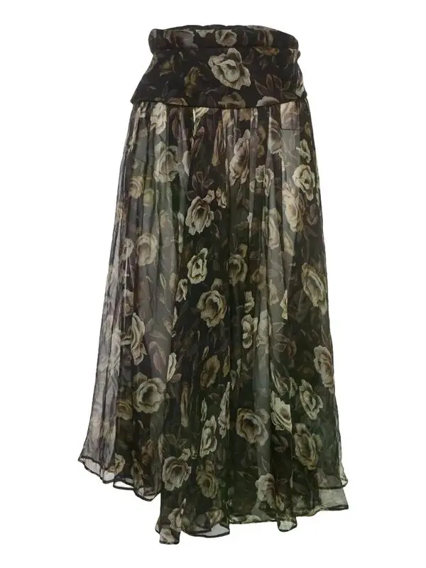 Magda Butrym Floral Print Silk Chiffon Midi Skirt - Black