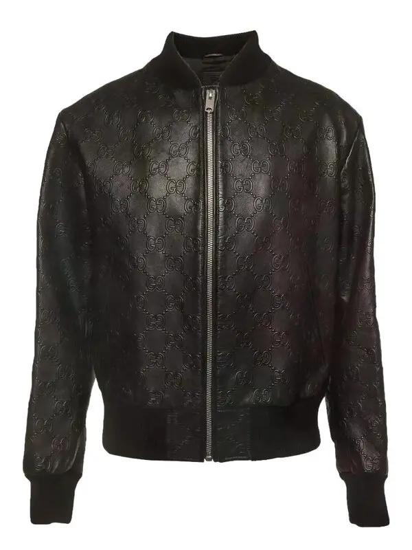 Gucci Gg Monogram Leather Bomber Jacket - Black