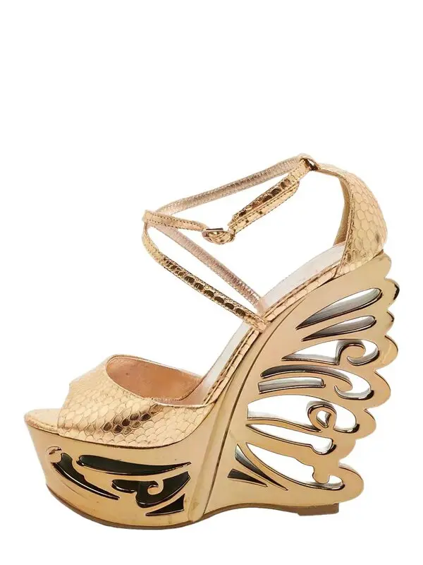 LE SILLA Snakeskin-embossed Butterfly-wedge Sandals - Gold