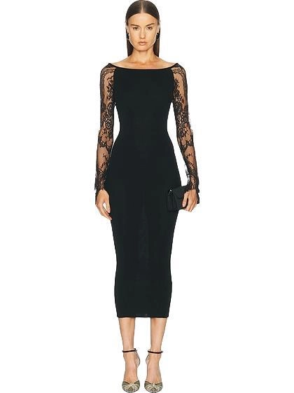 Valentino Garavani Wool Blend Midi Dress With Lace Sleeves - Nero