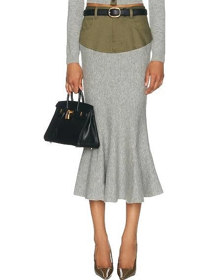 SELF-PORTRAIT Knit Khaki Denim Insert Midi Skirt - Grey