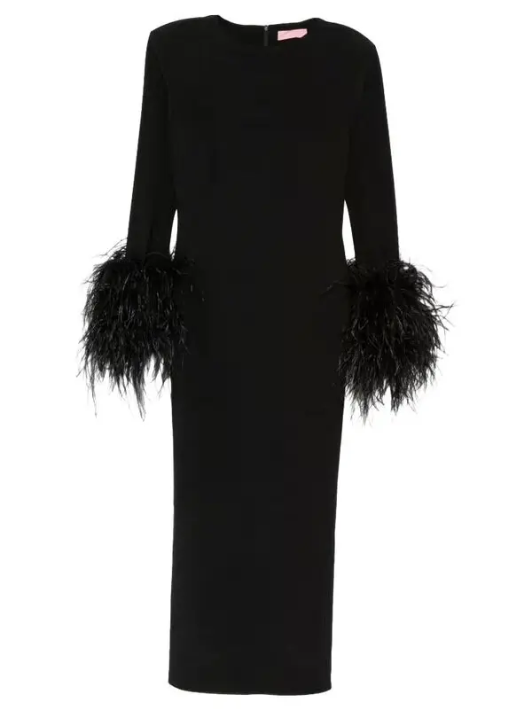 TWENTY FOURHAITCH Feather-trim Long-sleeve Midi Dress - Black