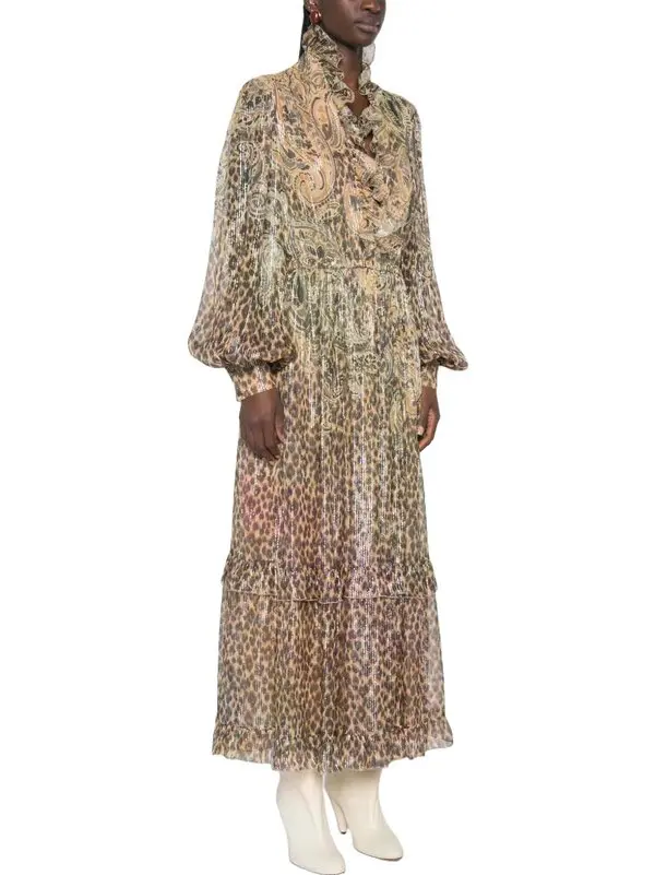 Etro Paisley And Leopard Print Maxi Dress With Ruffled Collar - Neutrals
