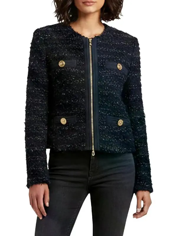 Balmain Bouclé Zip-up Tweed Jacket - Blue
