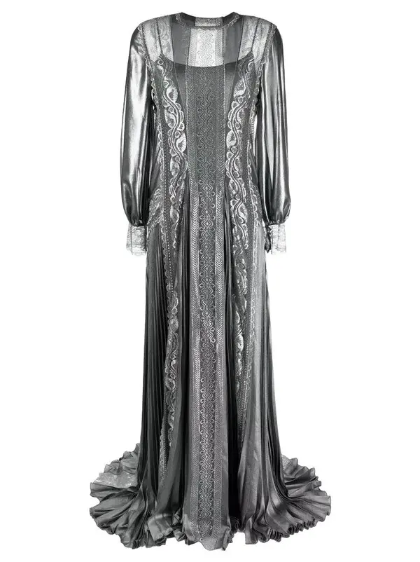 Alberta Ferretti Metallic Jacquard Lace Cuff Gown - Silver