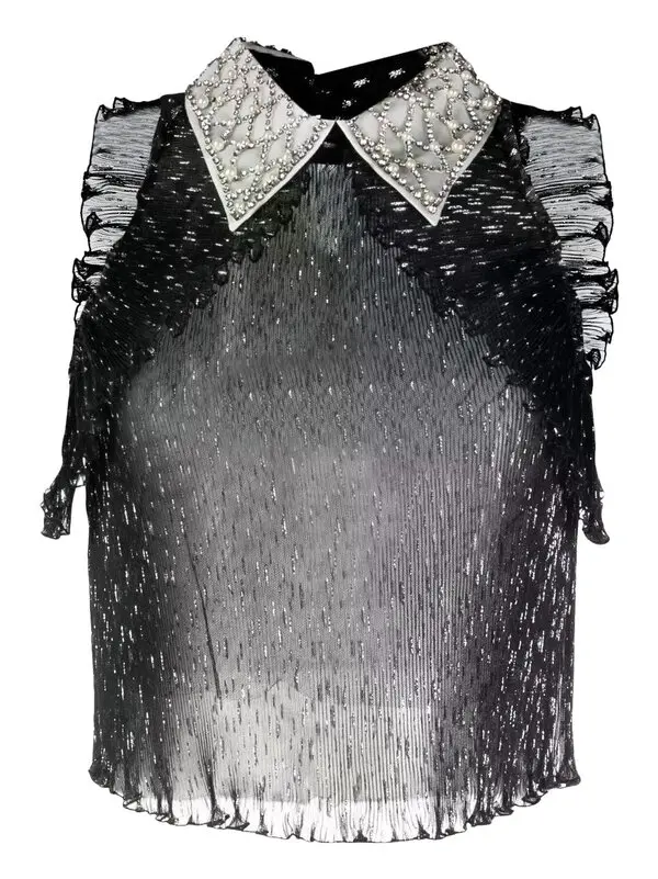 Alberta Ferretti Pleated Fil-coupé Top With Embellished Collar - Black