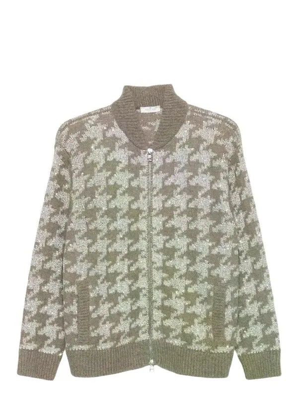 PANICALE Houndstooth Pattern Sequin Embellished Zip-up Cardigan - Grey