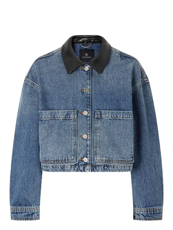 ANINE BING Yuma Cropped Denim Jacket With Leather Collar - Blue