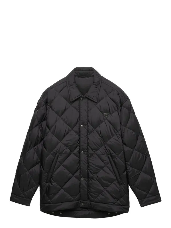 Prada Technical Fabric Down Coat With Saffiano Leather Detail - Black