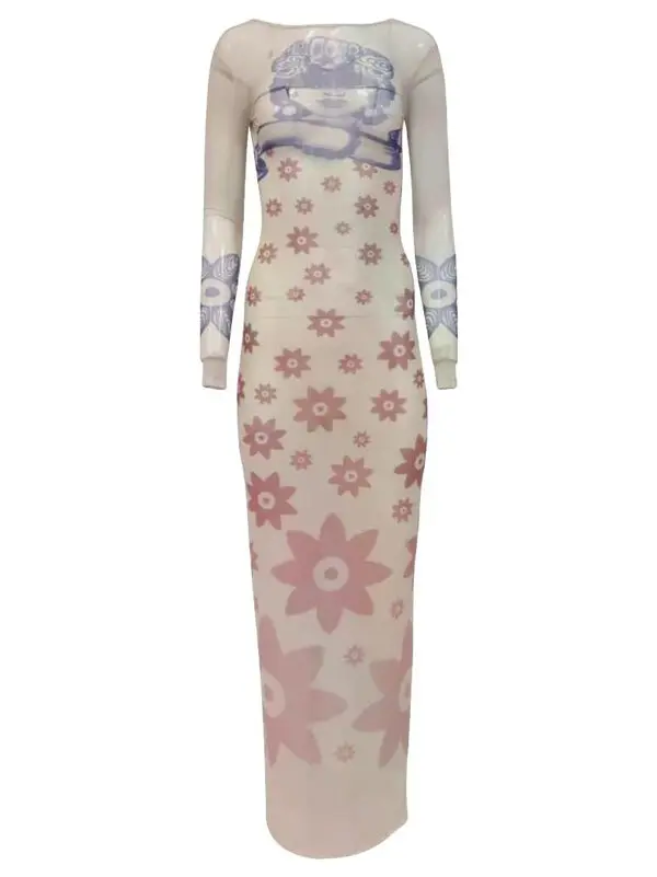 HOUSE OF AAMA Graphic And Floral Print Bodycon Maxi Dress - Neutrals