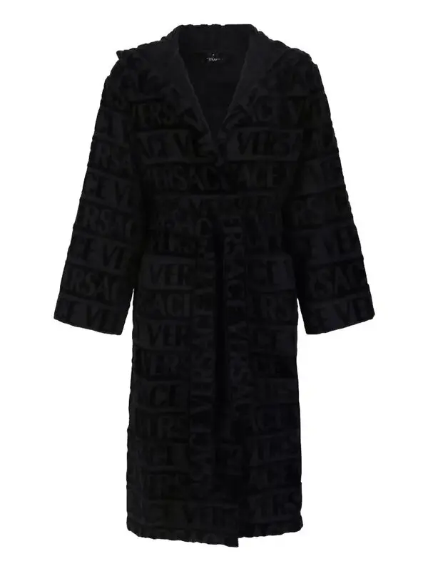 Versace Jacquard Logo Hooded Bathrobe - Black