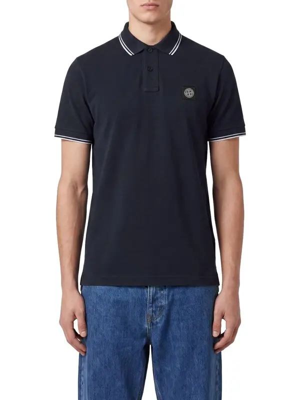 Stone Island Cotton Polo Shirt With Compass Logo And Contrast Striped Collar - Blue