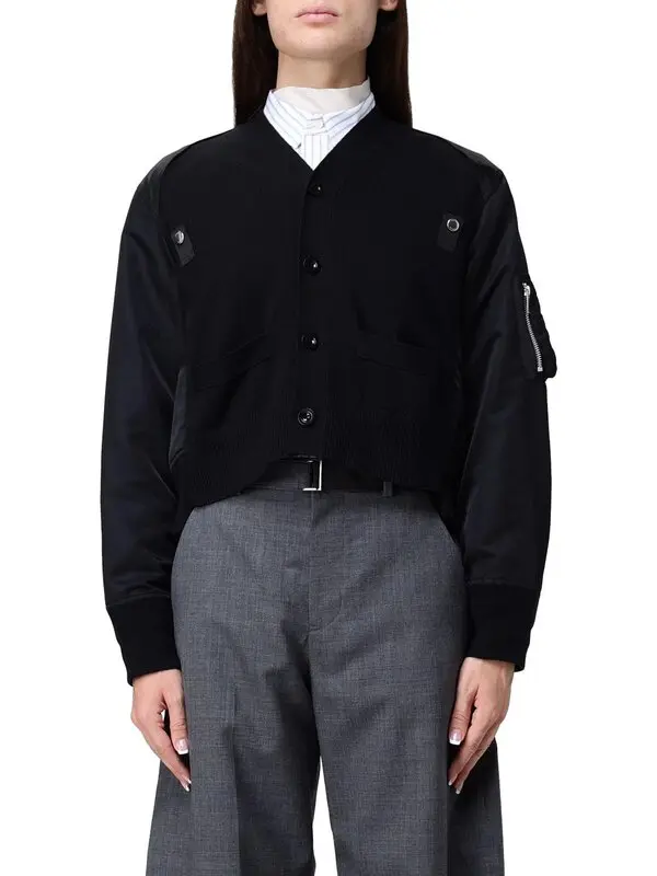 Sacai Bi-colour Cotton And Nylon Cardigan - Black