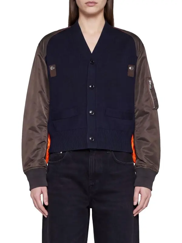 Sacai Bi-colour Cotton And Nylon Cardigan - Navy