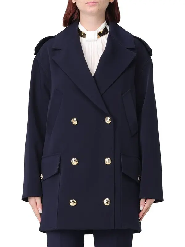Elisabetta Franchi Knee-length Double-breasted Scuba Coat With Metallic Buttons - Blue