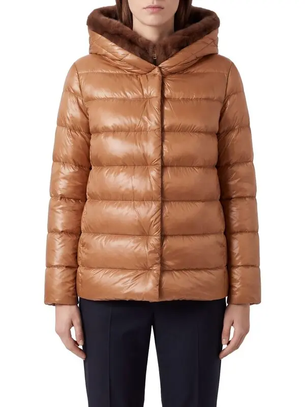 Herno Water-repellent Nylon Down Jacket With Shearling Hood - Camel