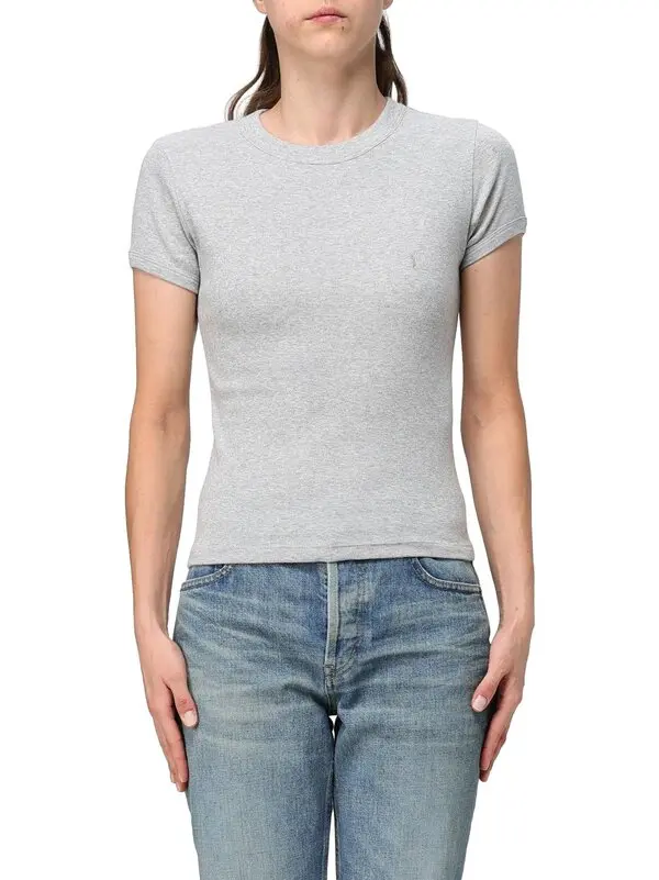 Saint Laurent Slim Fit Cotton T-shirt With Monogram - Grey