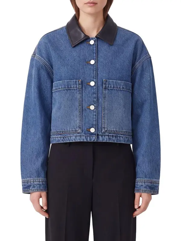 ANINE BING Denim Jacket With Leather Collar And Drop Shoulders - Blue 1