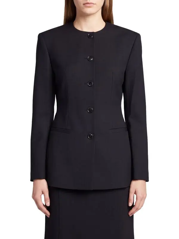 ANINE BING Cropped Slim Fit Wool Blend Blazer With Crew Neck - Black