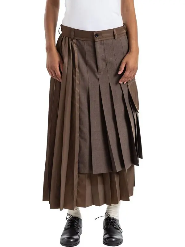 Sacai Asymmetrical Wool Blend Midi Skirt With Cargo Pockets And Pleats - Brown
