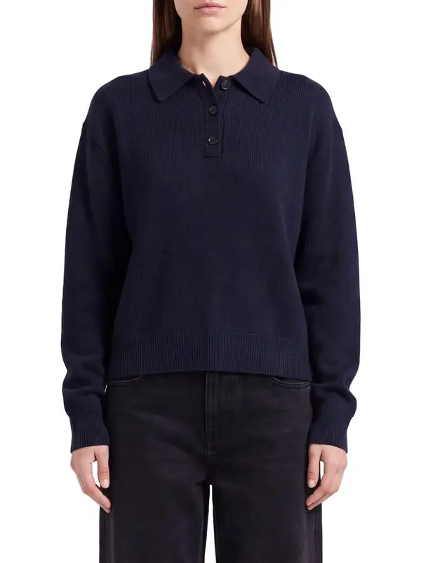 ANINE BING 100% Cashmere Long Sleeve Knit Polo - Navy