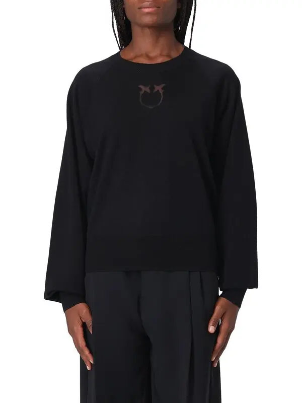 Pinko Wool Blend Crewneck Sweater With Inlaid Love Birds Logo - Black