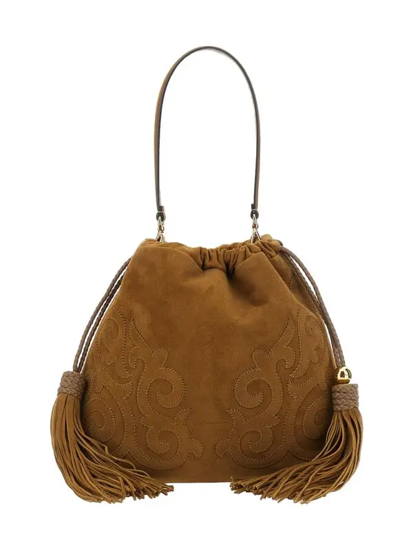 Etro Kalispera Suede Leather Bucket Bag With Paisley Embroidery - Beige