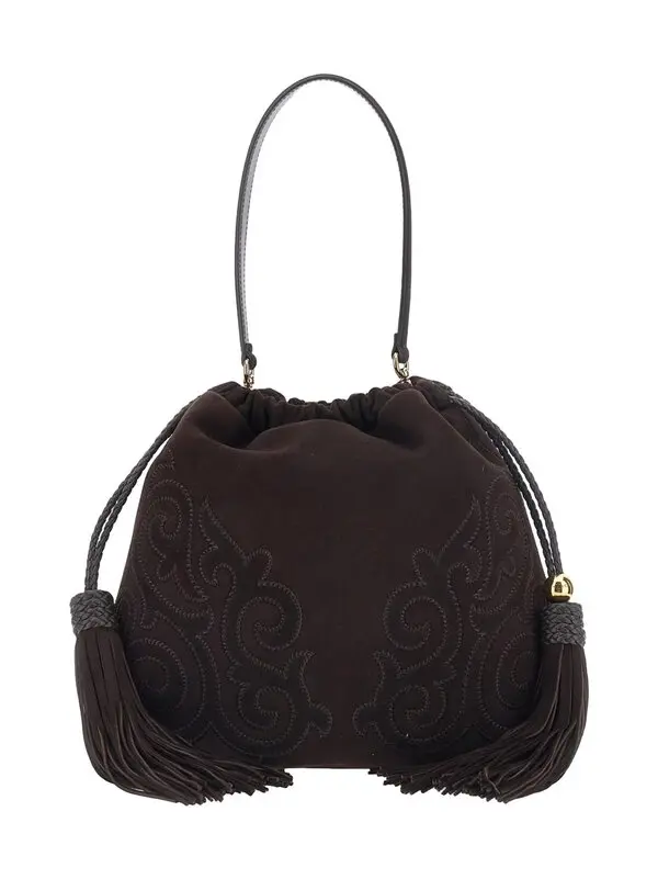 Etro Kalispera Suede Leather Bucket Bag With Paisley Embroidery - Brown