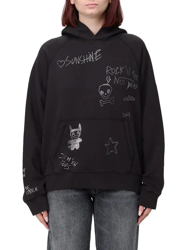 Zadig&Voltaire Oversized Cotton Hoodie With Rhinestone Logo Embellishment - Black