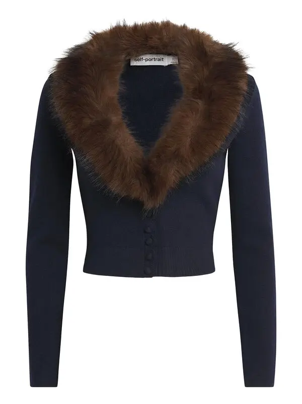 SELF-PORTRAIT Cropped Faux Fur-trim Cardigan - Navy