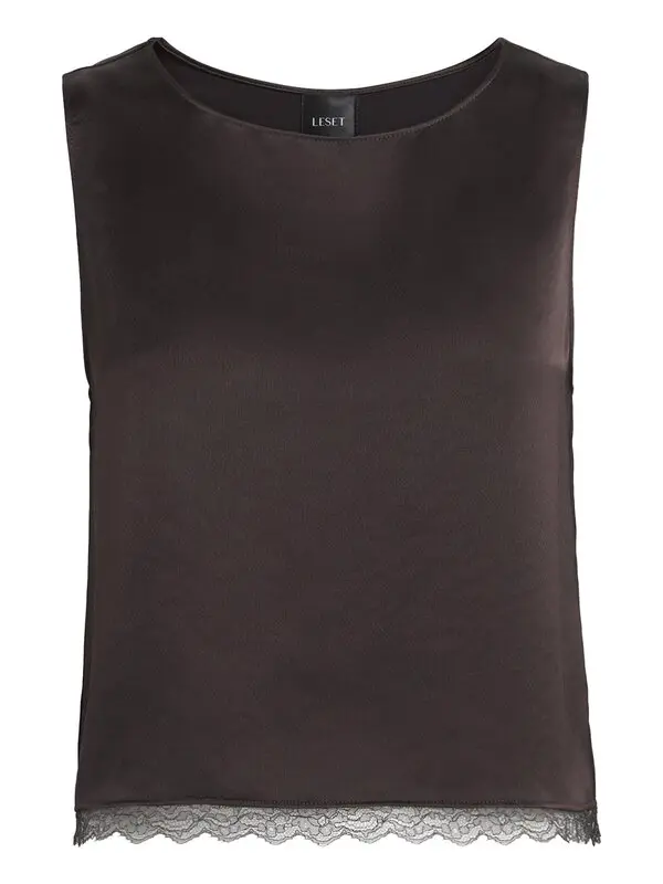 LESET Lace-trimmed Satin Tank Top - Brown