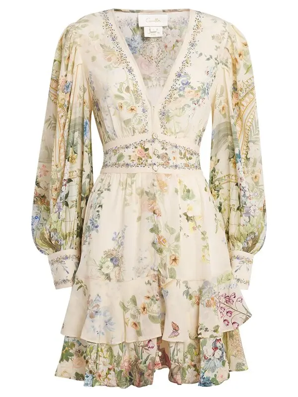 Camilla Silk Midsummer Masterpiece Ruffle Mini Dress - Neutral