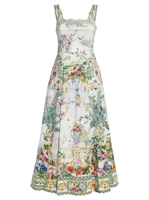 Camilla Stretch-cotton Art For The Empress Flared Midi Dress - Green
