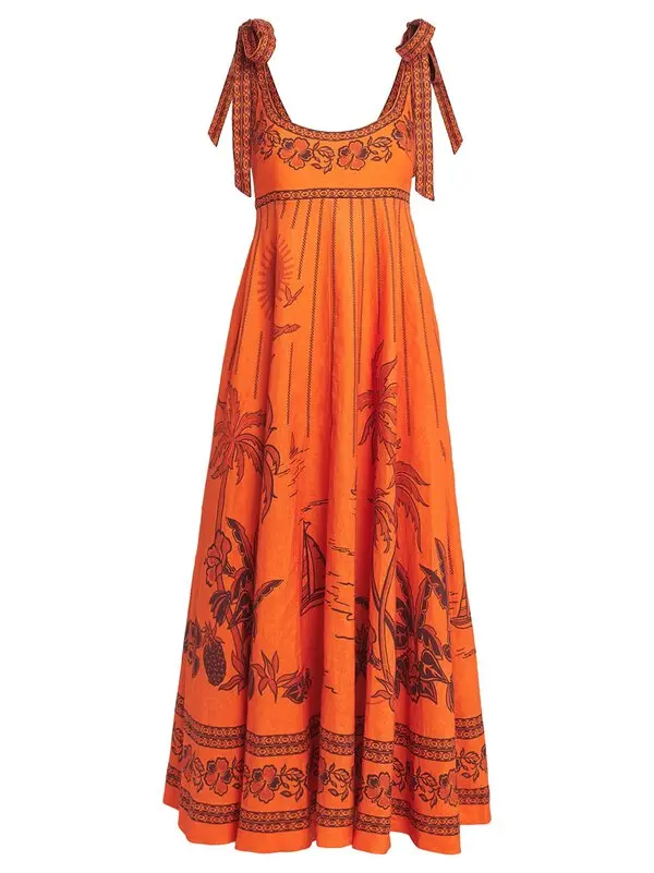 ALEMAIS Alemasis Boathouse Print Linen Shift Dress - Orange