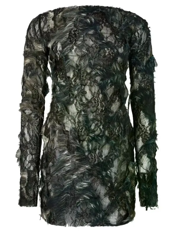 Roberto Cavalli Feather-embellished Lace-overlay Mini Dress - Black