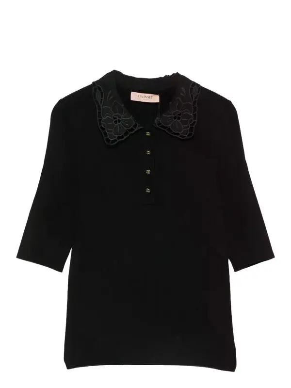 TWINSET Lace-collar Ribbed Polo Shirt - Black