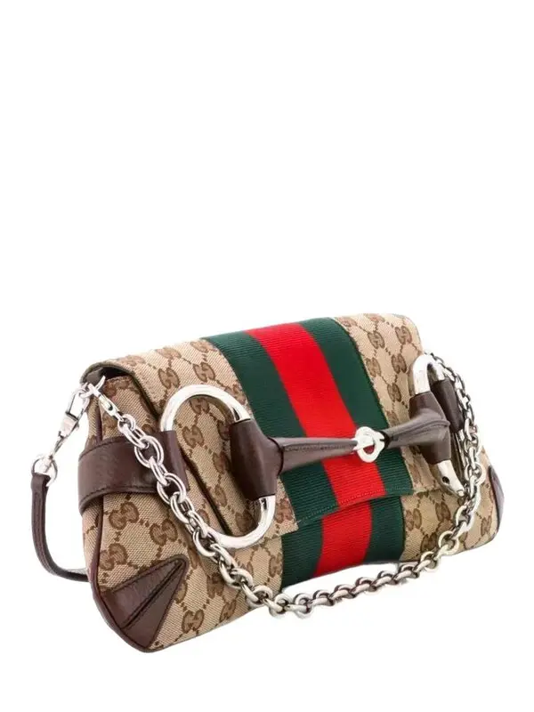 Gucci Horsebit Nm Web Chain Clutch Gg Canvas Medium Shoulder Bag - Brown