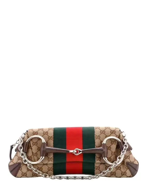 Gucci Horsebit Nm Web Chain Clutch Gg Canvas Medium Shoulder Bag - Brown