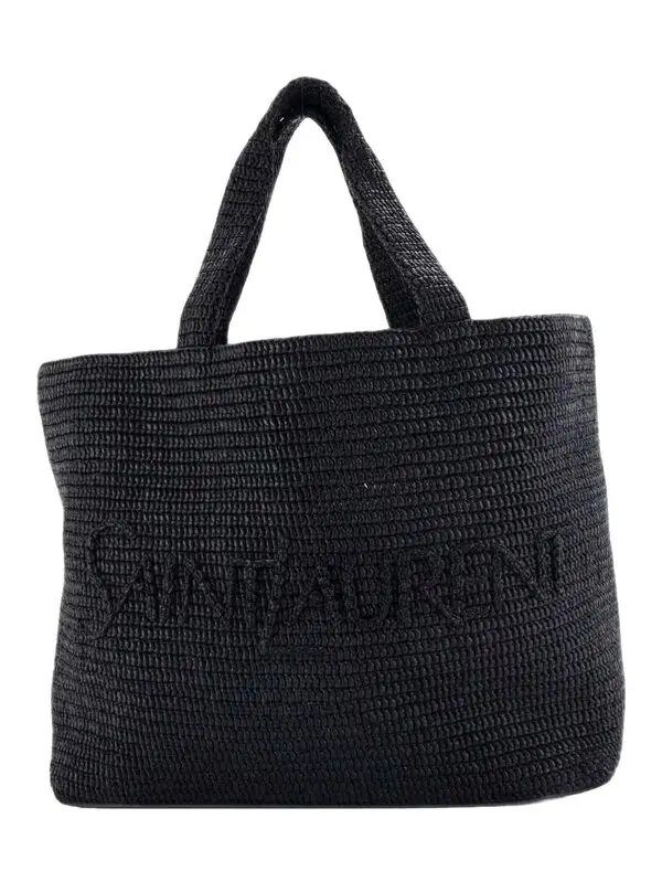 Saint Laurent Logo Embroidered Raffia Tote Bag - Black