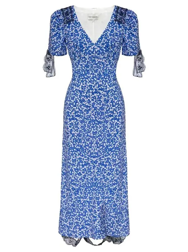 POST MERIDIEM Floral-print Lace-trim Midi Dress - Blue