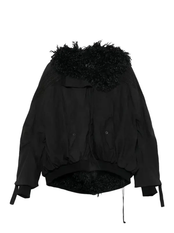 YEHUAFAN Shearling Trim Hooded Coat - Black