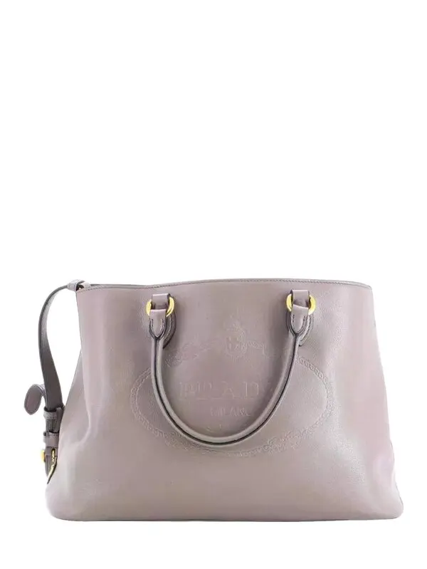 Prada Embossed Logo Convertible Open Glace Calf Medium Tote Bag - Grey