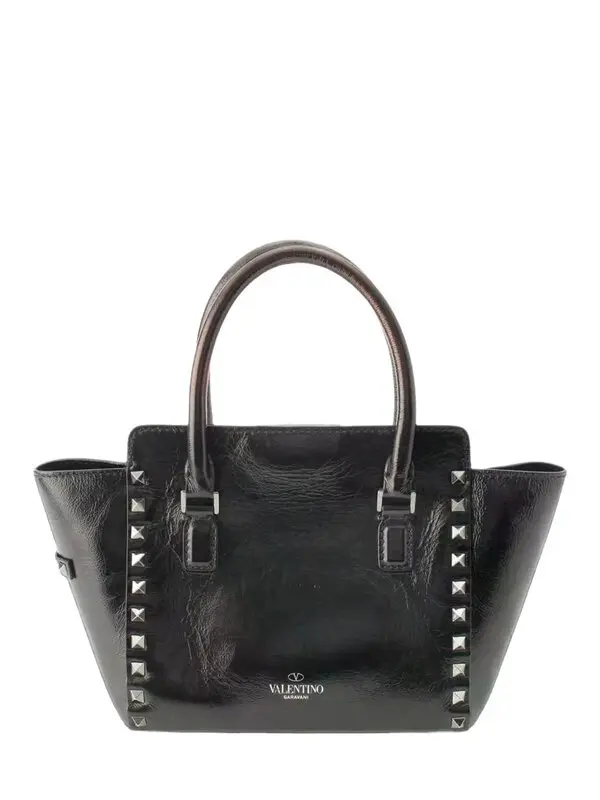 Valentino Garavani Small Crinkled Calfskin Rockstud Double Handle Tote Satchel - Black
