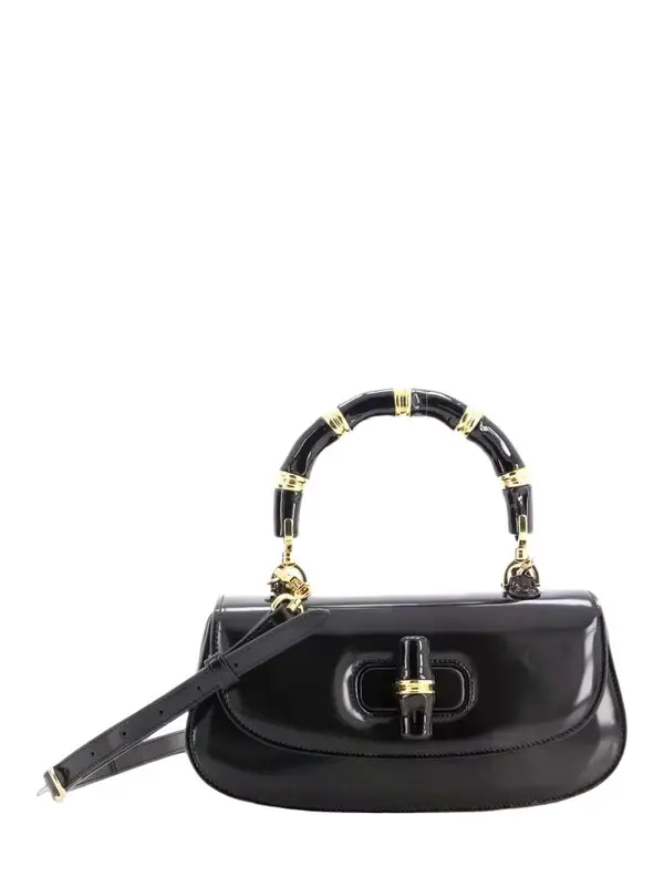 Gucci Bamboo Diva Top Handle Bag Polished Leather Medium Satchel - Black