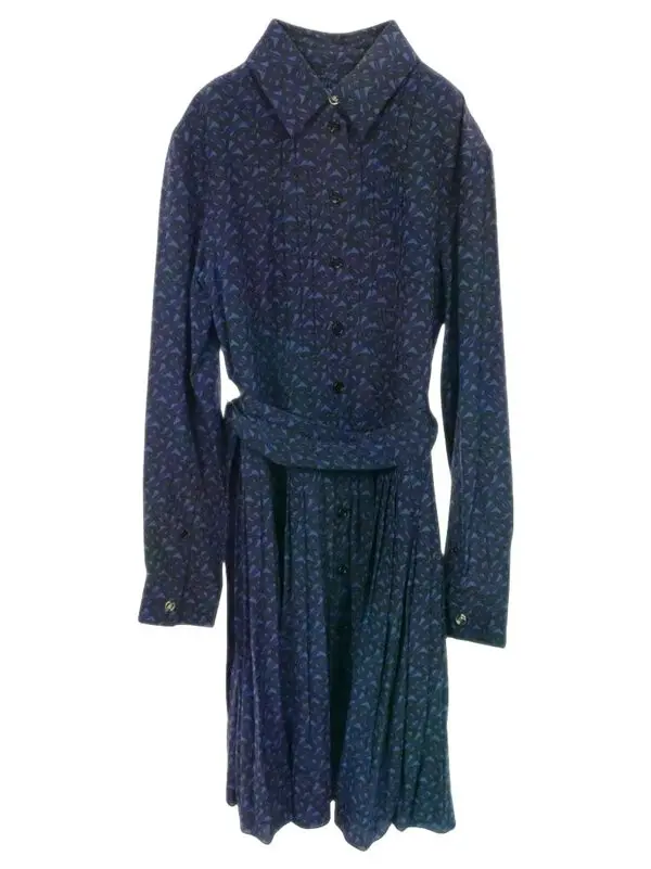 Burberry Monogram Print Pleated Silk Shirt Dress - Blue