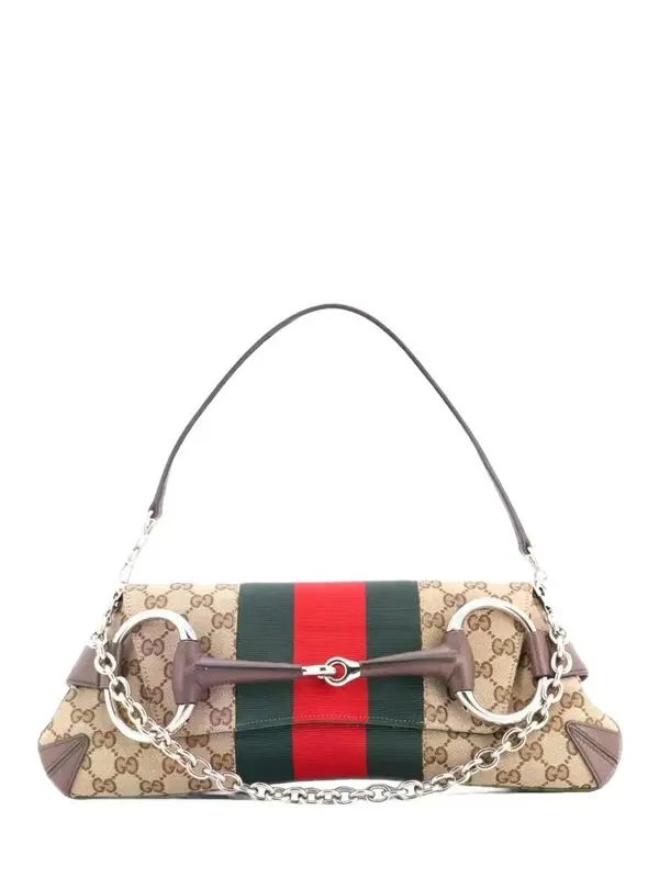 Gucci Horsebit Chain Clutch Gg Canvas Shoulder Bag - Brown