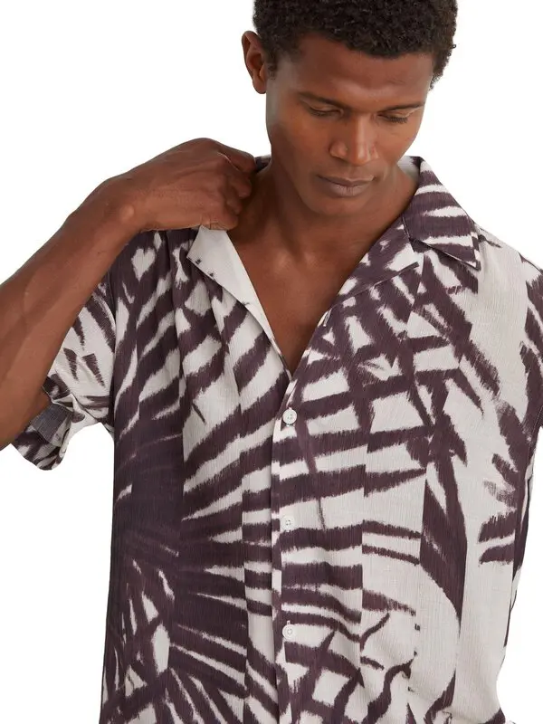 REISS Navy & Brown Plissé Printed Cuban-collar Shirt - Bordeaux